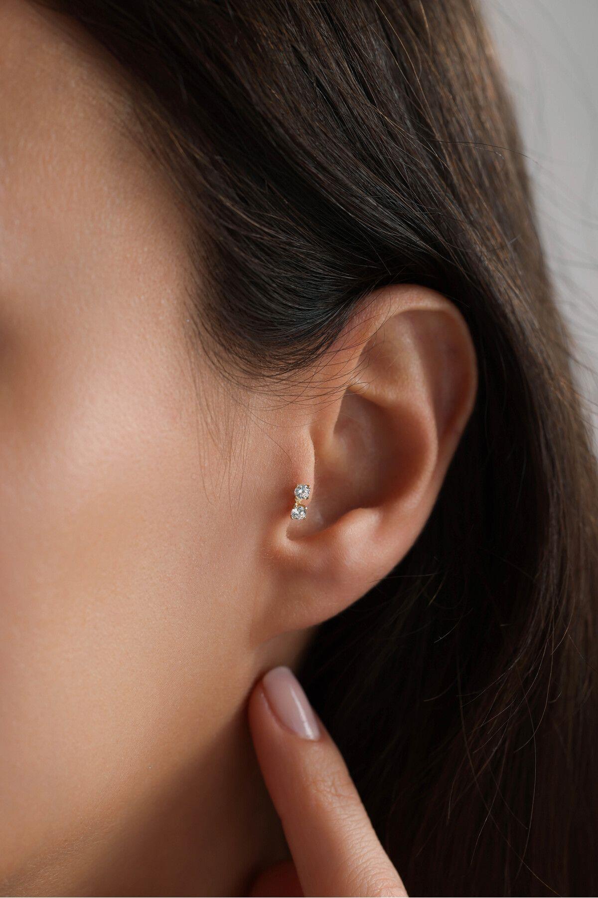 14 Ayar Altın Taşlı Twin Tragus Küpe