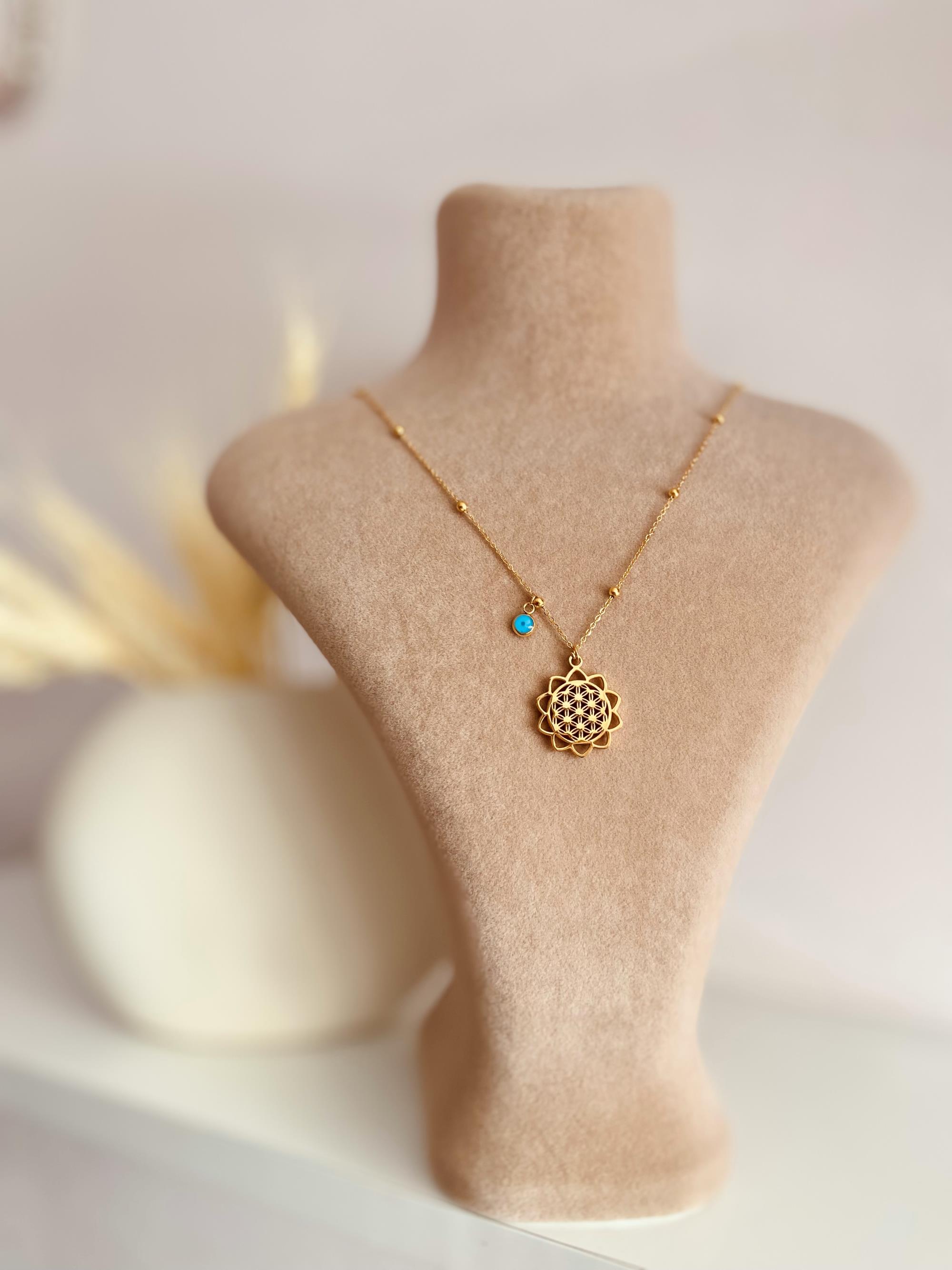 çelik nazar boncuklu yaşam çiçeği kolye