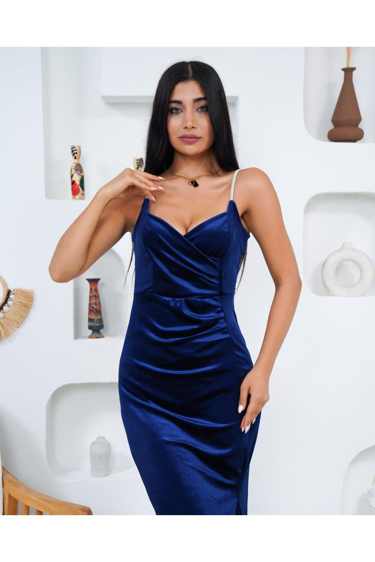 Extasytr - Askılı Kadife Abiye Elbise