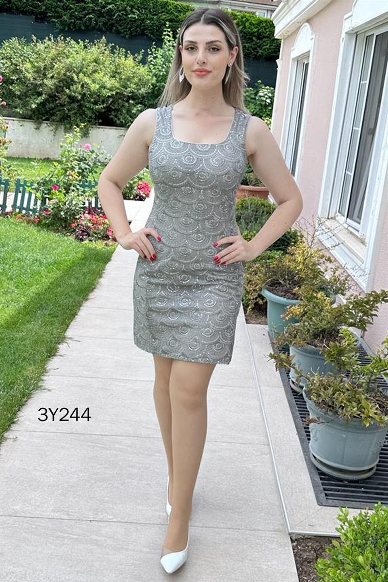 Kare Yaka Pul Payet Elbise