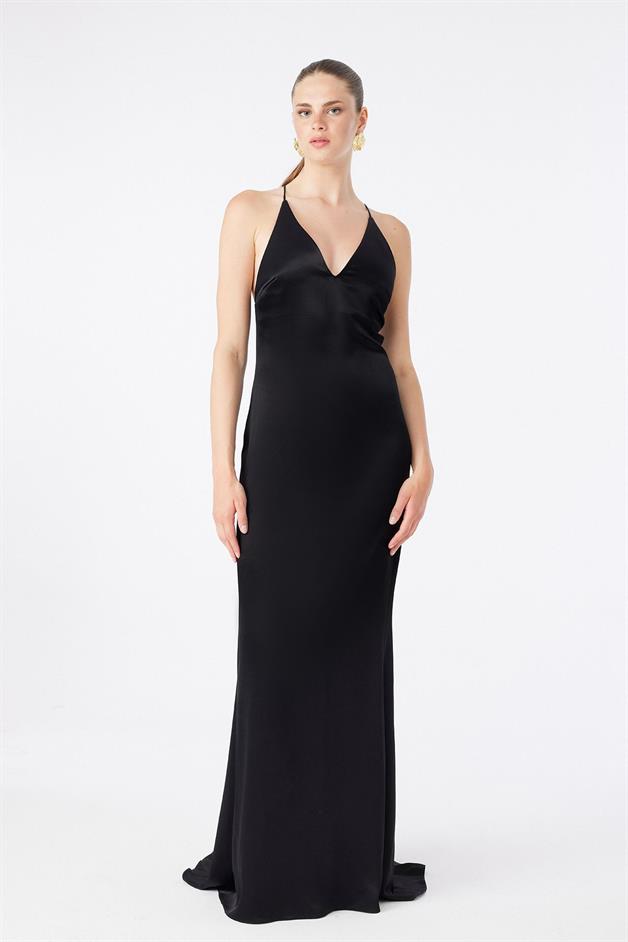 İnce Askılı Siyah V Yaka Uzun Elbise | Rue Les Createurs
