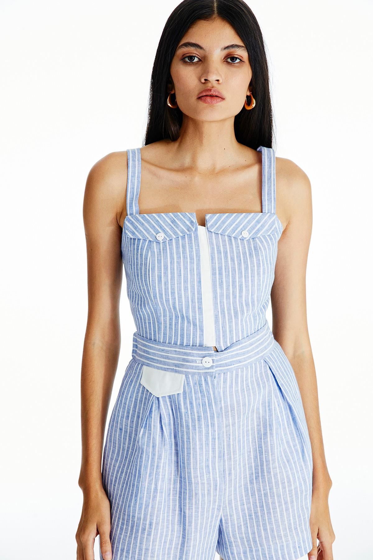 Çizgili İndigo Crop Büstiyer | Rue Les Createurs