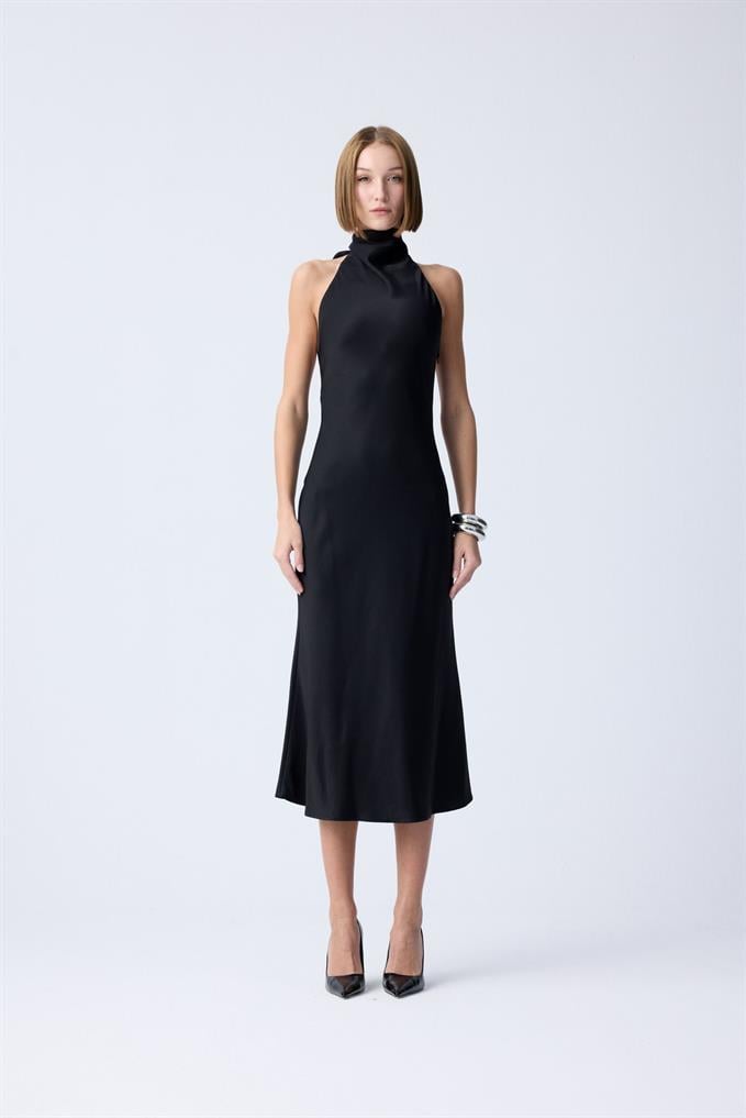 Sırt Dekolteli Siyah Boyundan Bağlamalı Şık Elbise | Rue