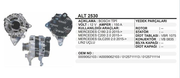 Alternatör 12V 150Ah Mercedes | Ithal T2530 | ITHALT2530 | Parcatikla.com