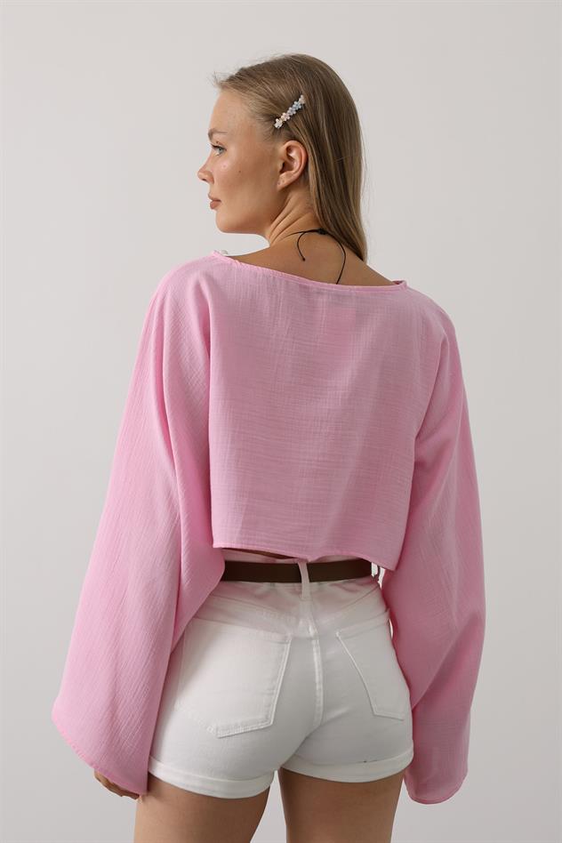 YARASA KOLLU CROP BLUZ - Pembe - Reyon Toptan