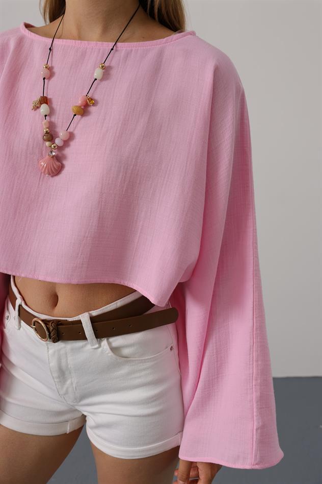 YARASA KOLLU CROP BLUZ - Pembe - Reyon Toptan