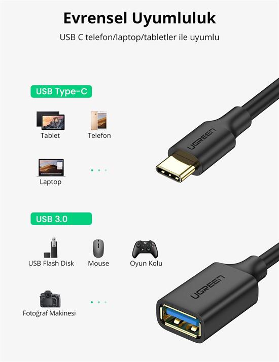 UGREEN 30701 USB-C to USB 3.0 OTG Dönüştürücü Adaptör 5Gbps Hız 0.15m Siyah