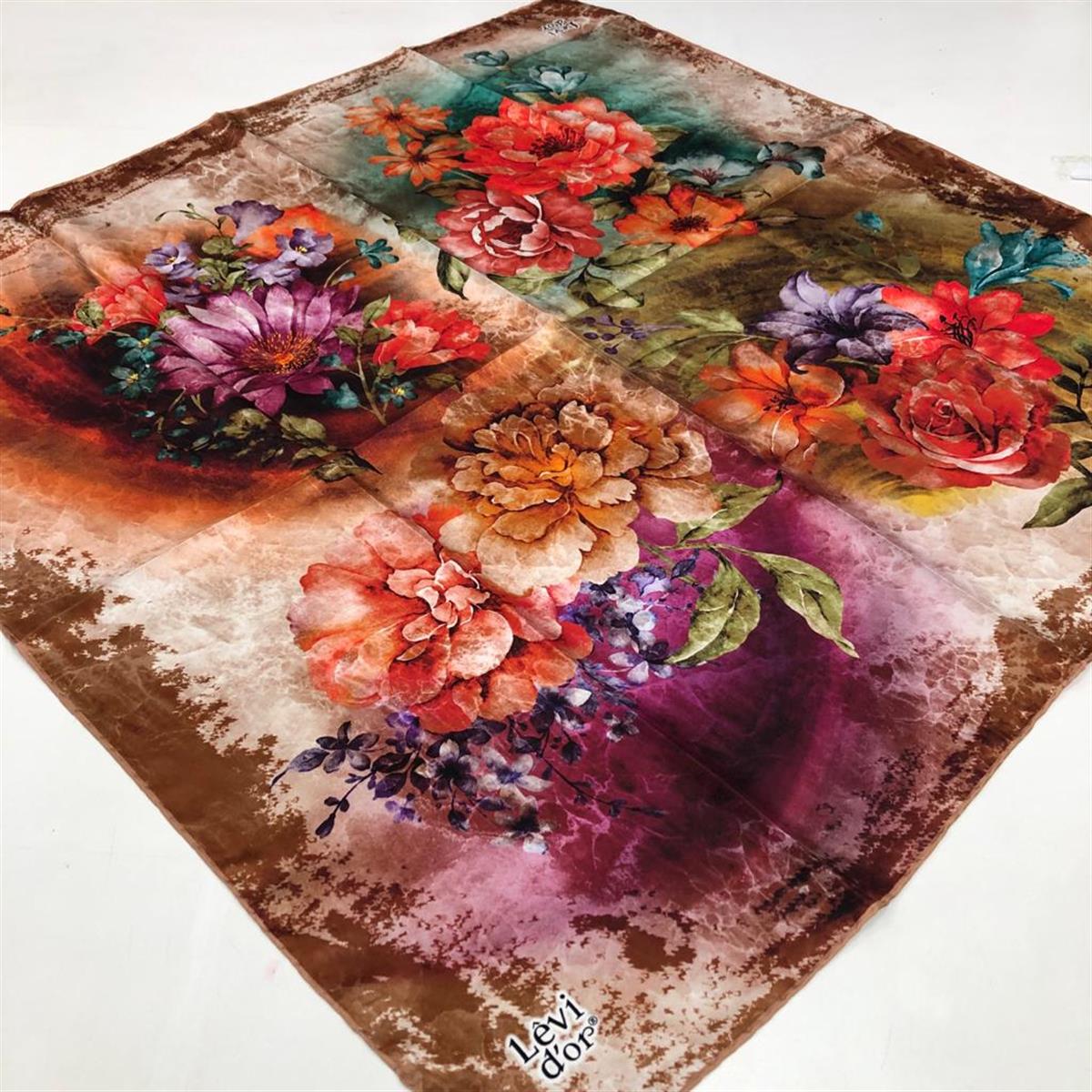 Levidor Kahve Çiçek Desen Tivil İpek Eşarp 20780 Renk: Kahve, mor, lila ...