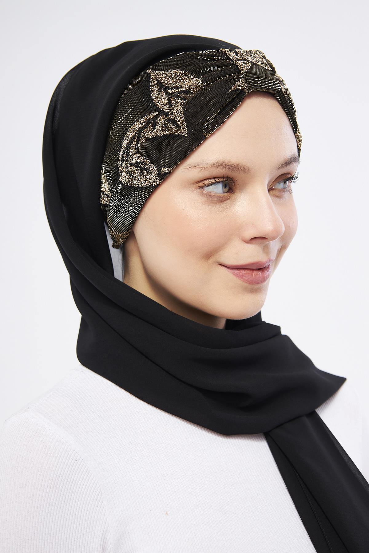 Siyah Simli Arkadan Bağlamalı Şal Şifon Çiçek Desenli 2318_01