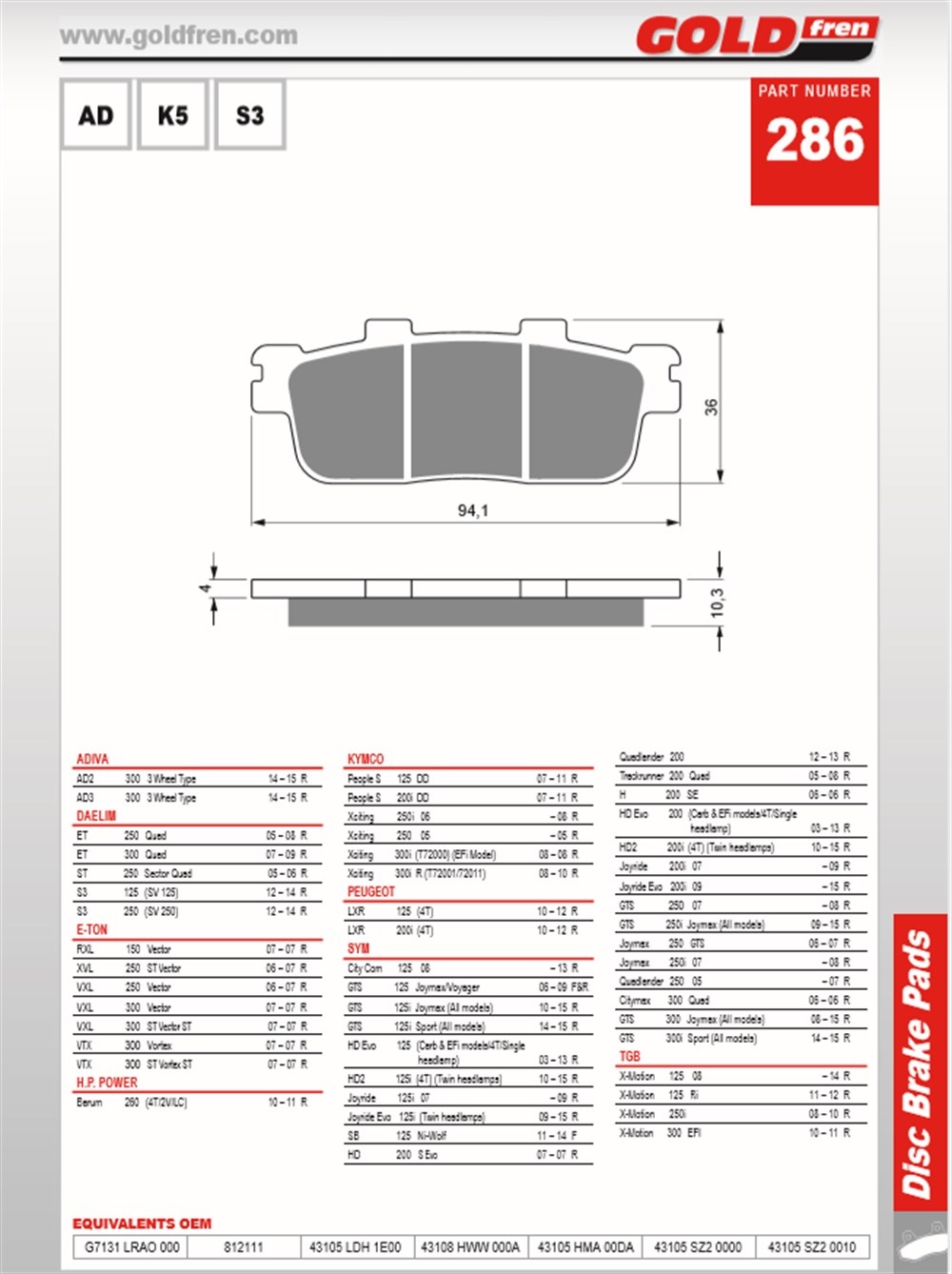 GOLD FREN BALATA AD286
