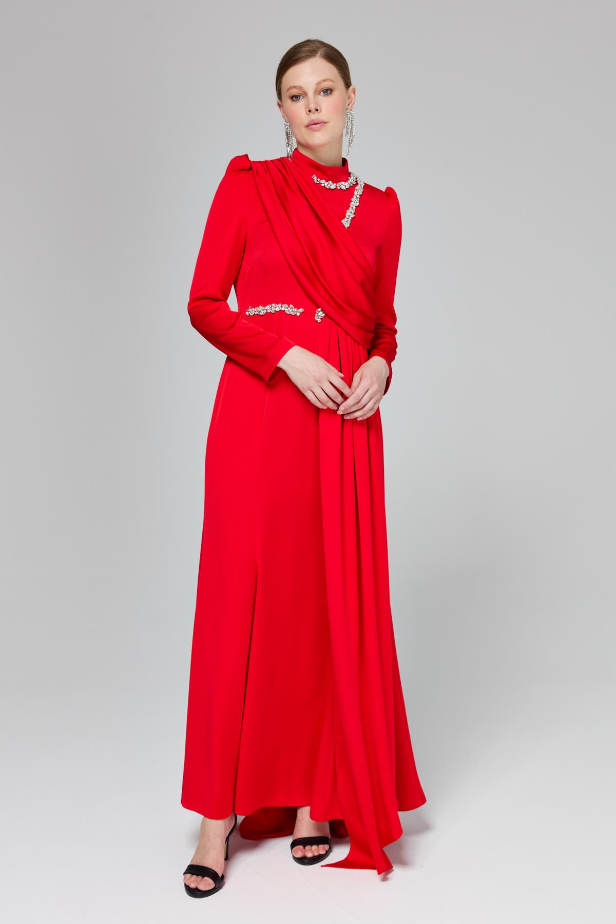 Taş Detaylı Şık Elbise Kırmızı
