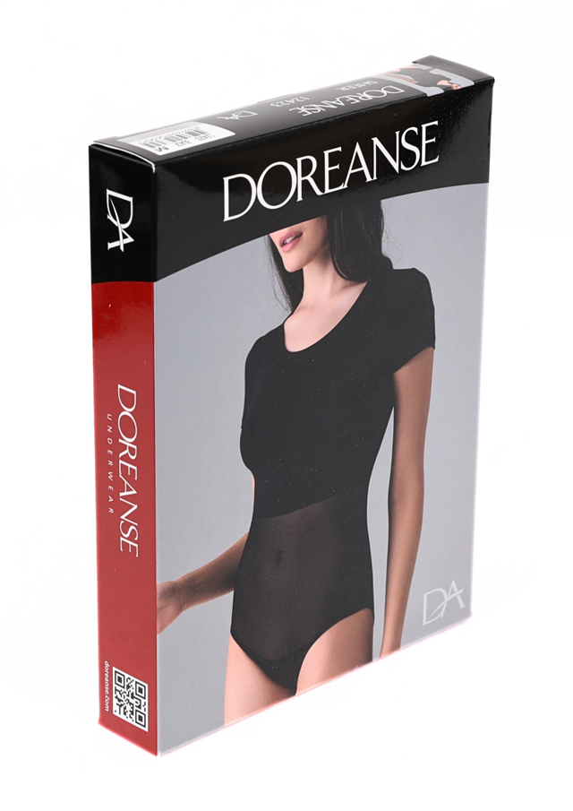 DOREANSE Kadın Tül Detaylı Kısa Kol Siyah Bodysuit 12423