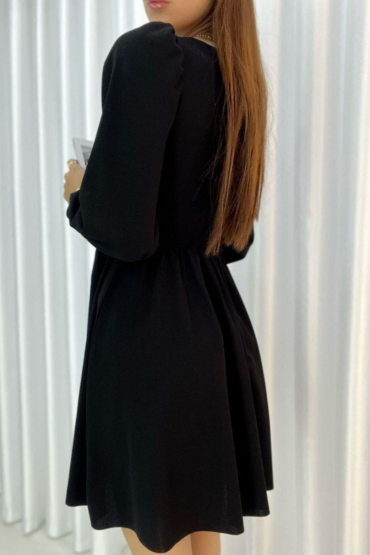 Kalp Yaka İthal Krep Kumaş Mini Elbise Siyah - Mossta