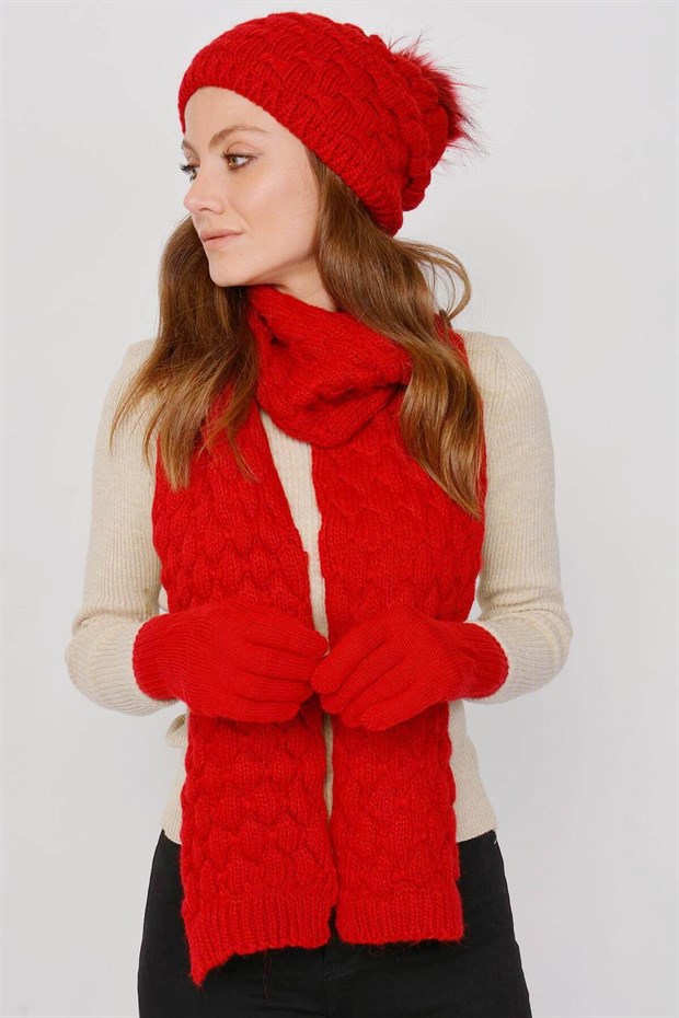 Kadın Kırmızı Atkı Bere Eldiven Takım - Mossta