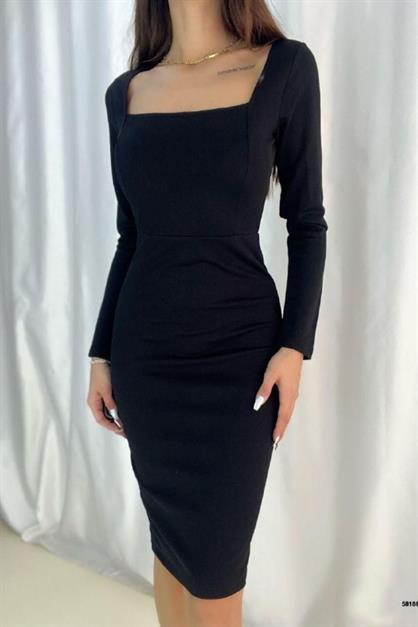 Kare Yaka Uzun Kollu Kalem Elbise Siyah - MOSSTA