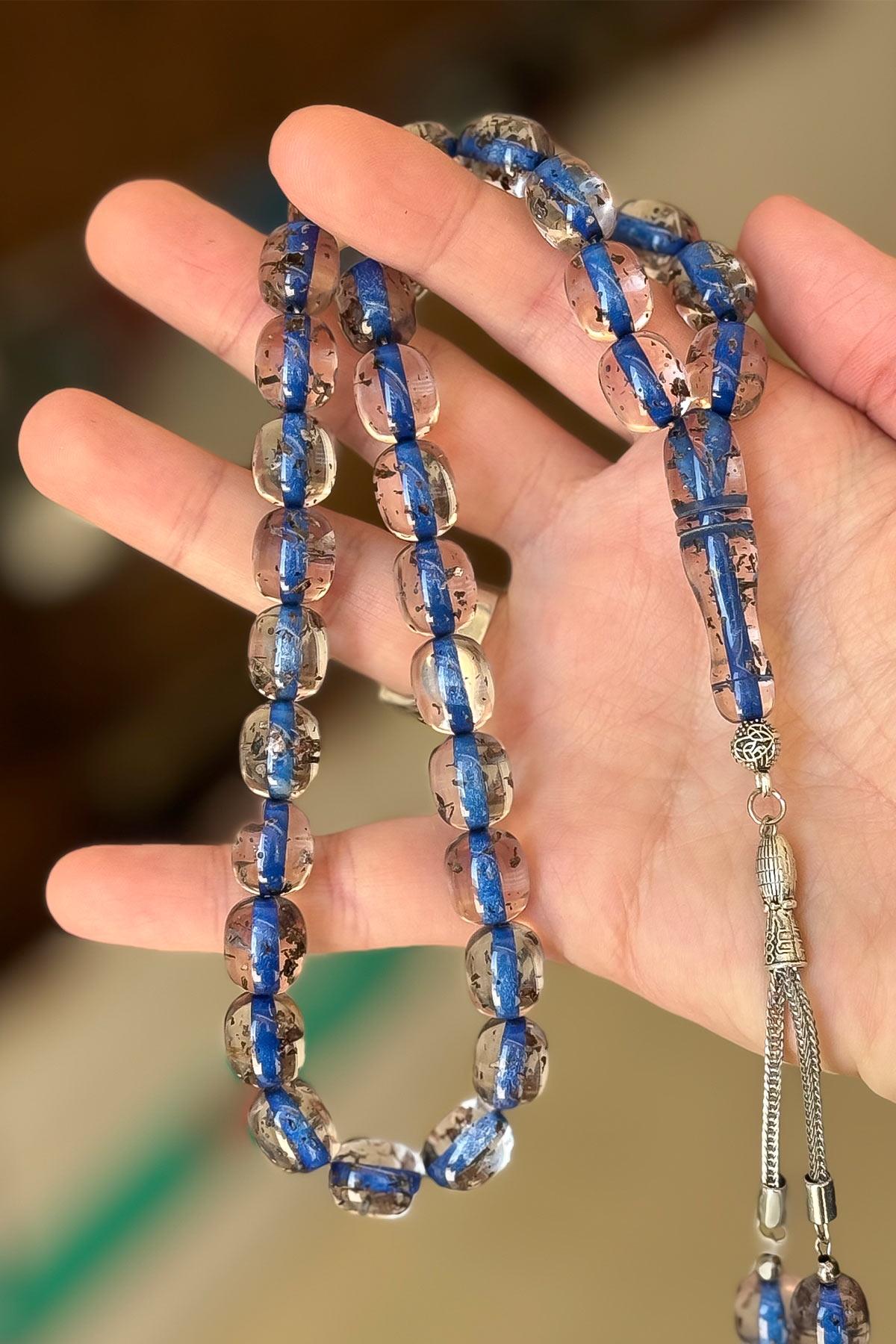 Mavi Çay Fosilli Toz Kehribar Tesbih - TesbihKenti