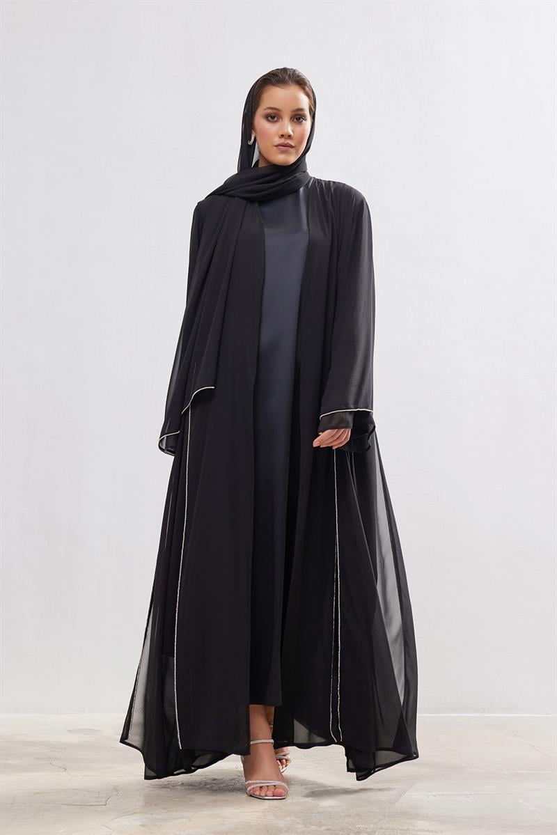 Stone Detail Chiffon Abaya - BLACK