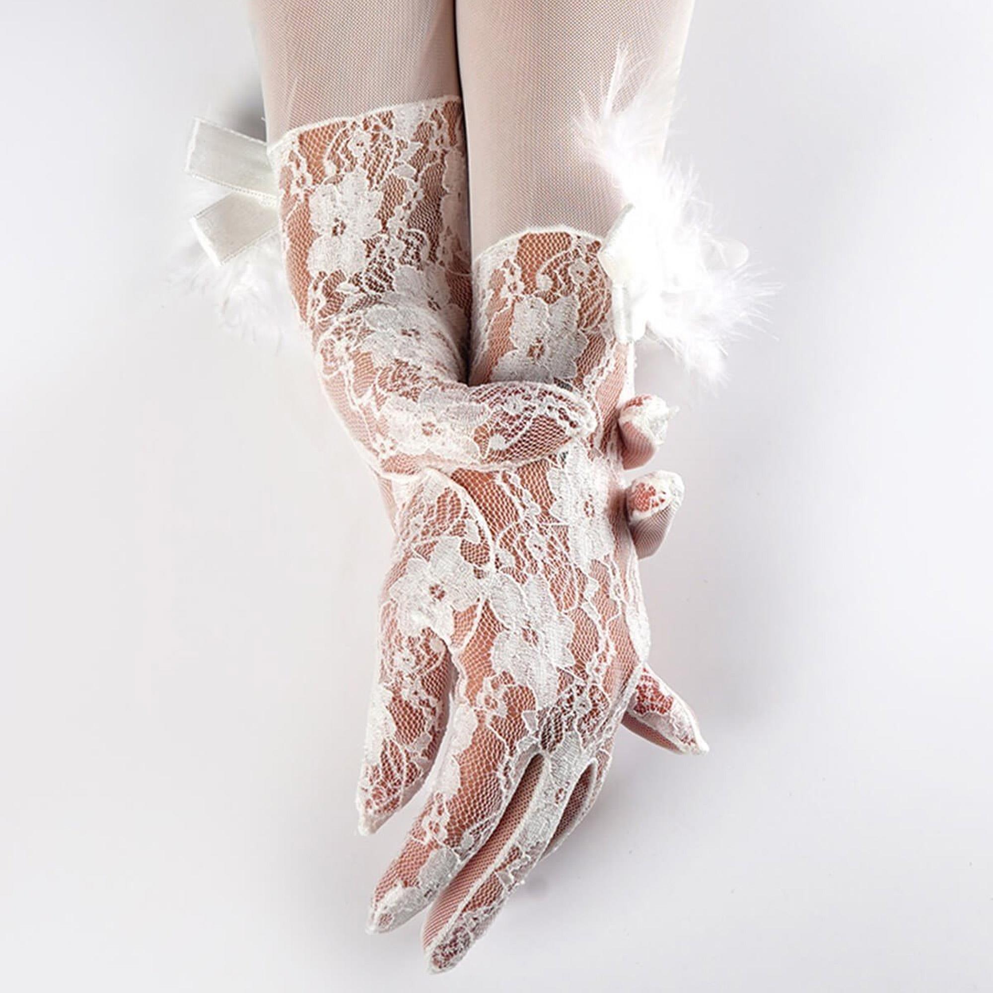 White Lace and Feather Detailed Bridal Gloves Daydreamer