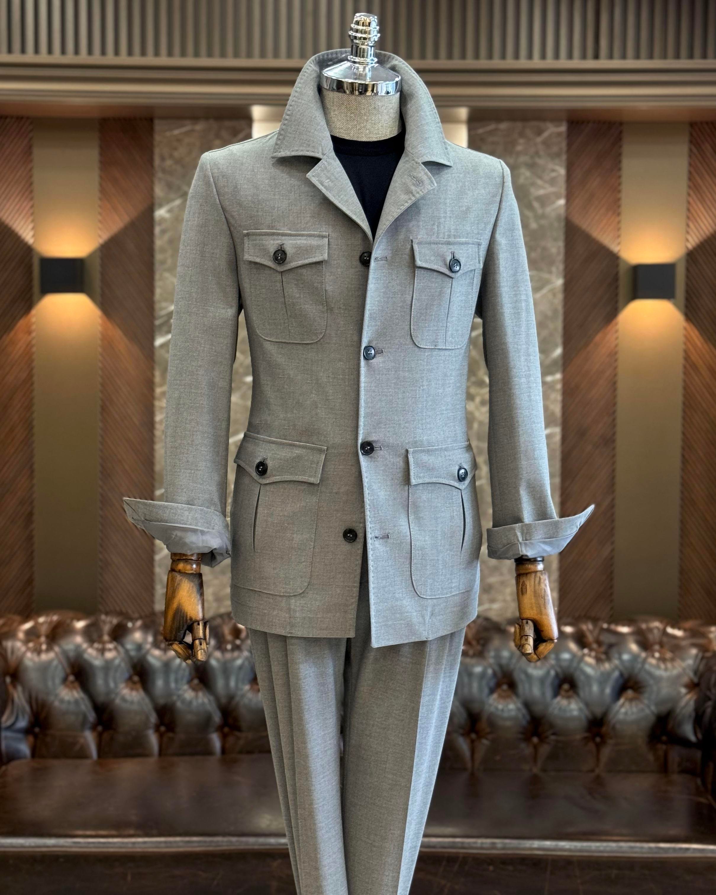 Italian style slim fit safari jacket pants suit gray T11960