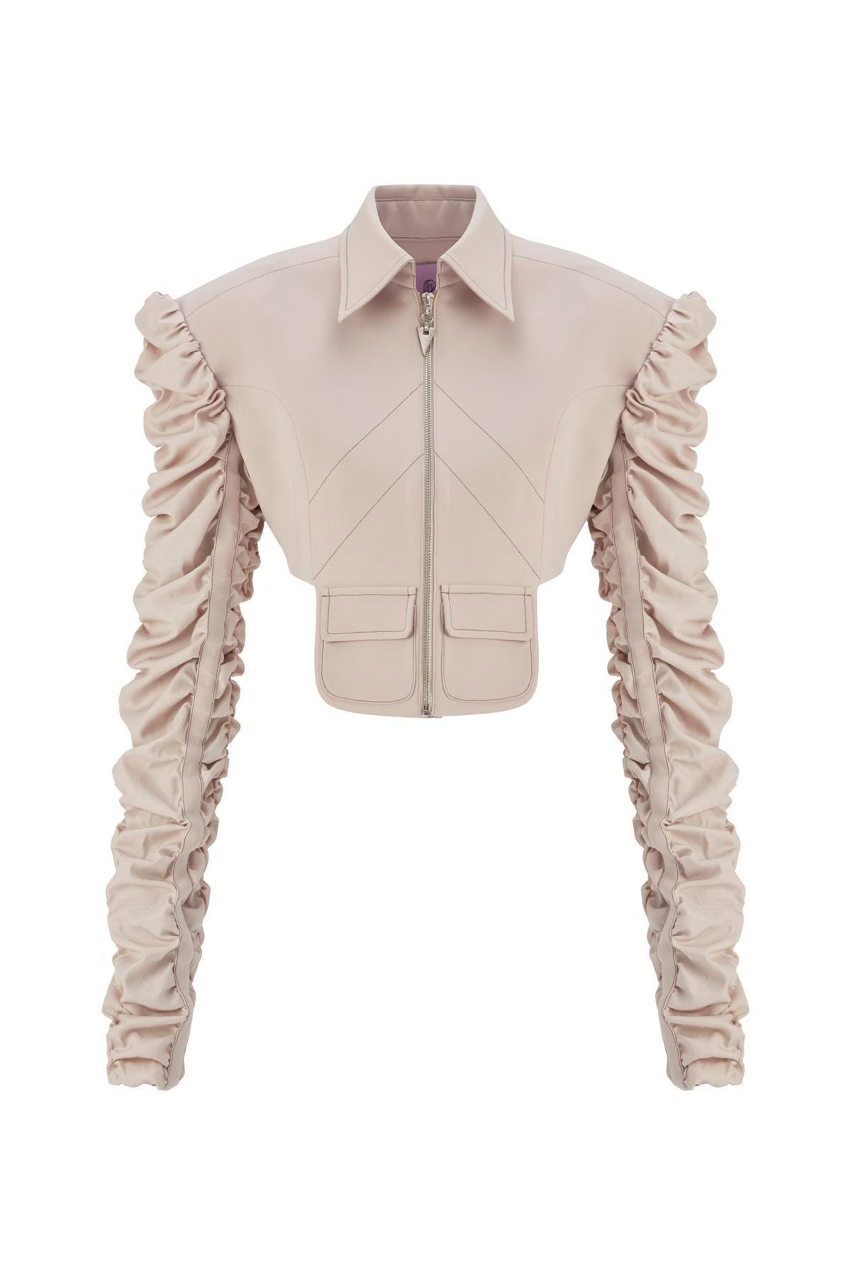 04-BEIGE CROP JACKET WITH SHIRRED SLEEVES