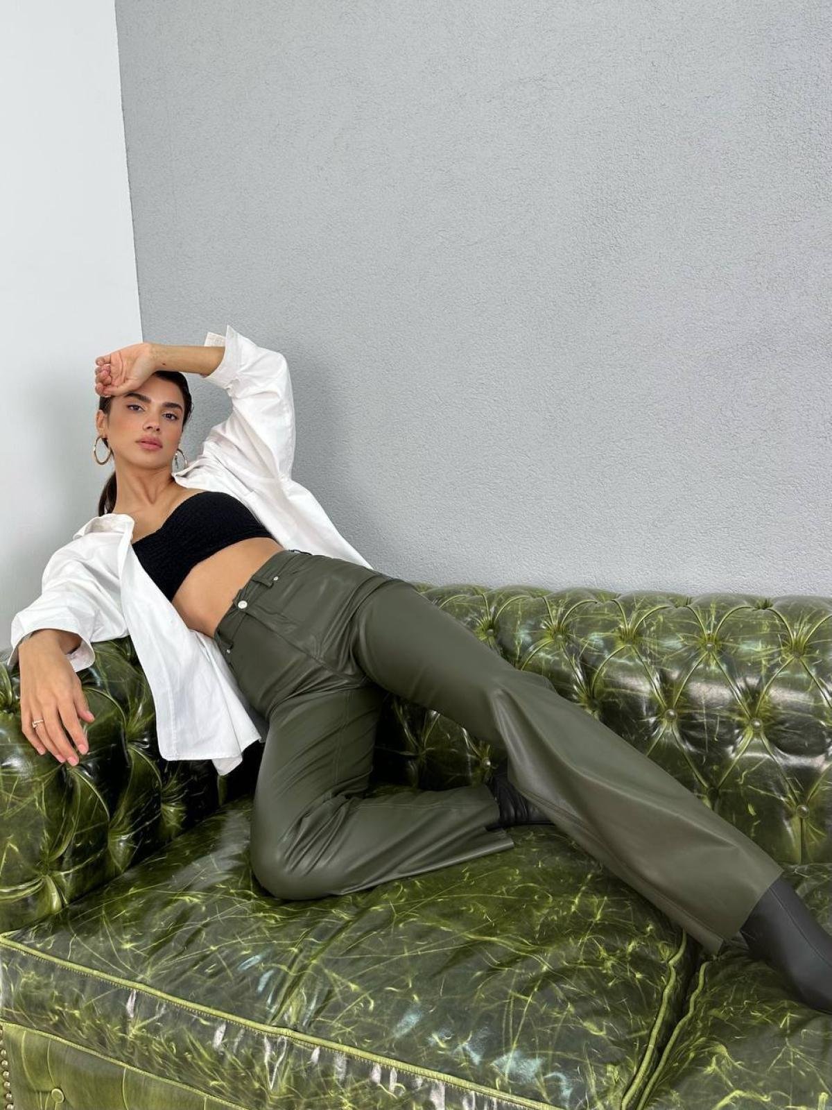 Women wide leg leather pants wholesale Khaki color Wholesale Trouser