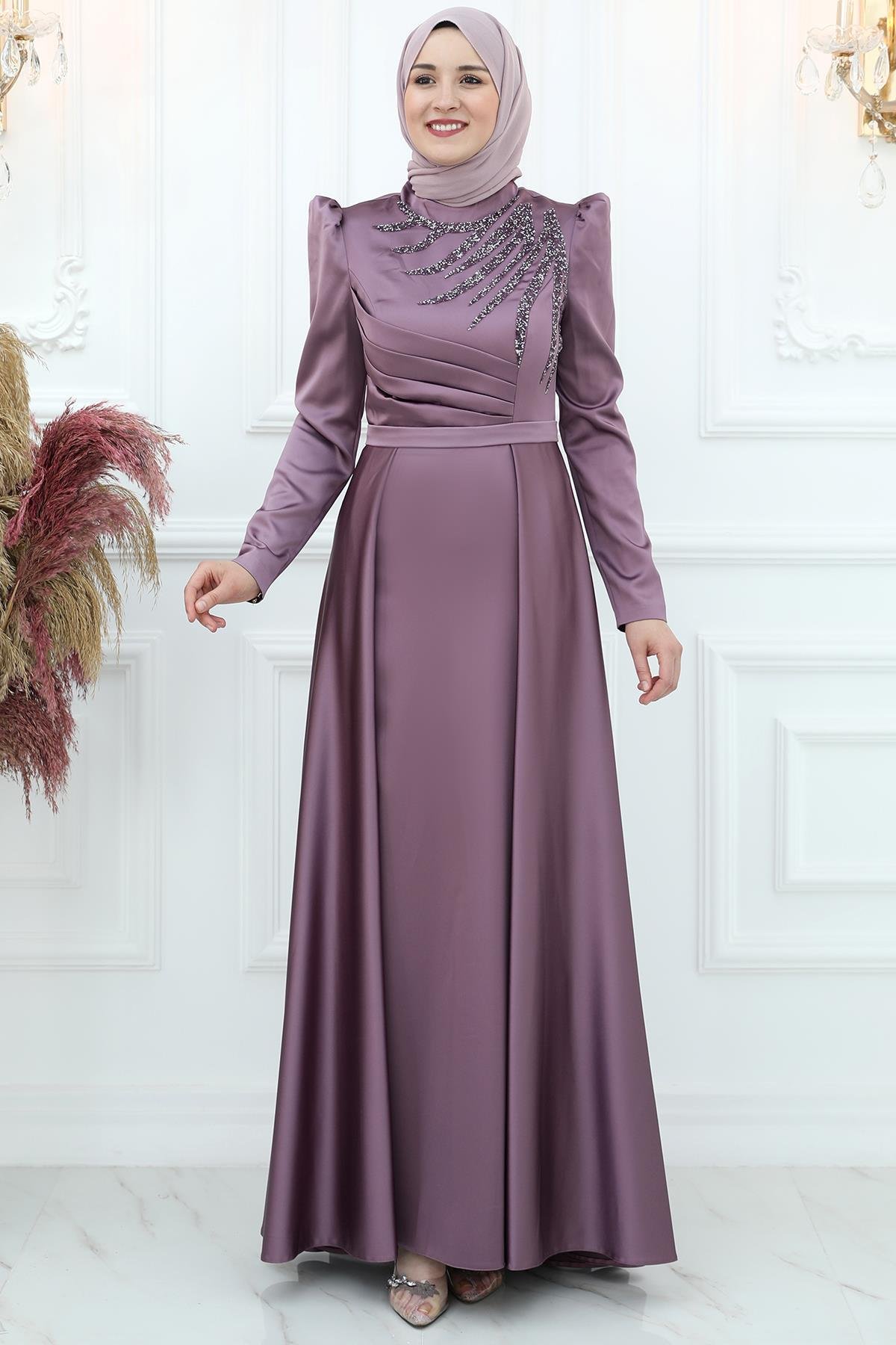Satin Evening Dress with Embroidered Detail Lila AMH888