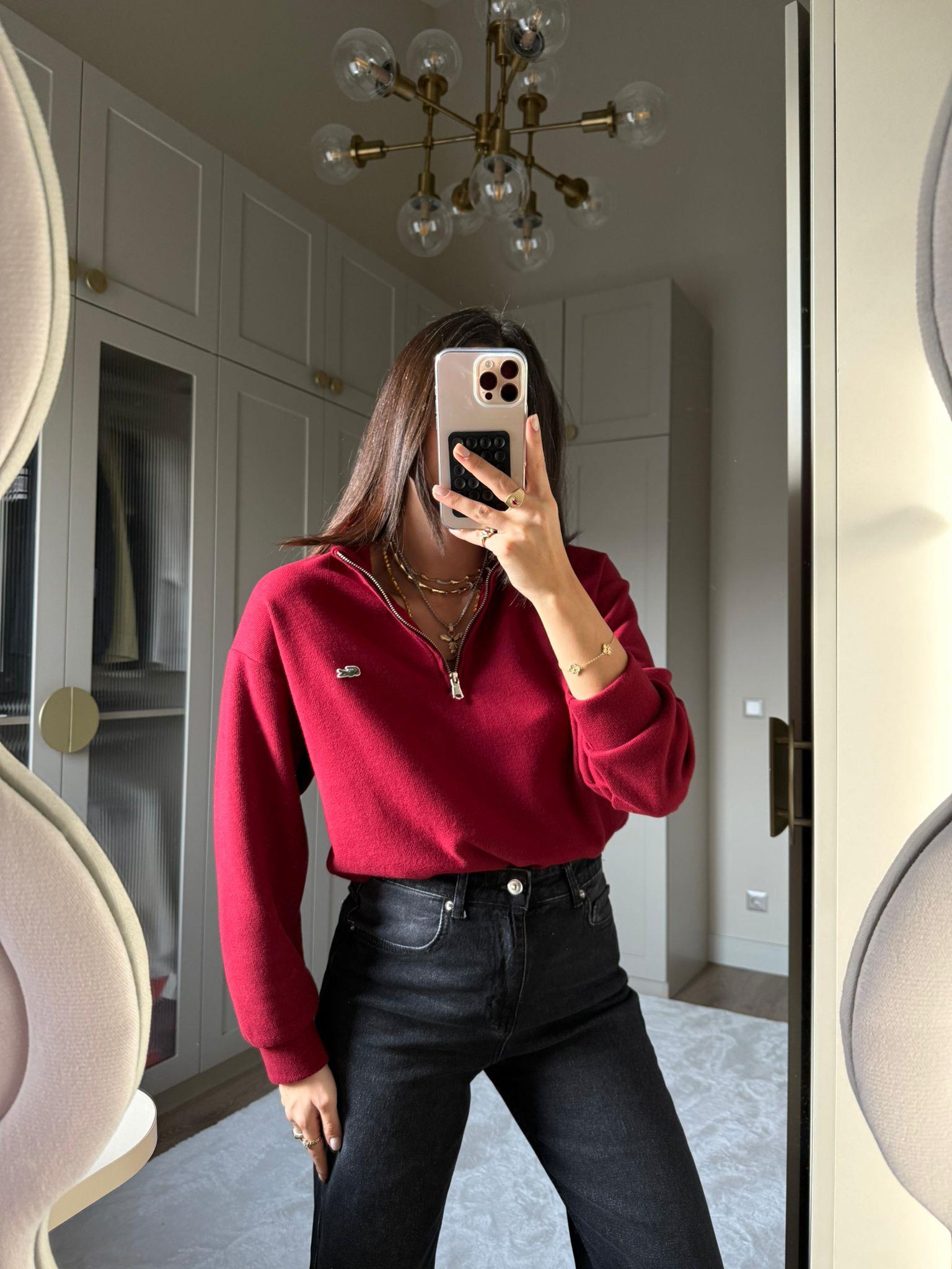 Bordo Fermuar Detaylı logolu Marka Model Sweat