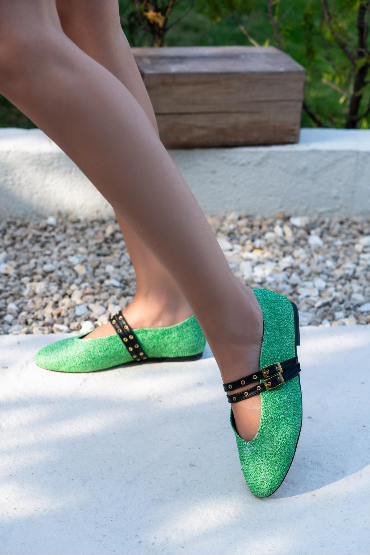 Tamara Yeşil Hasır Çift Kemer Detay Düz Taban Kadın Babet