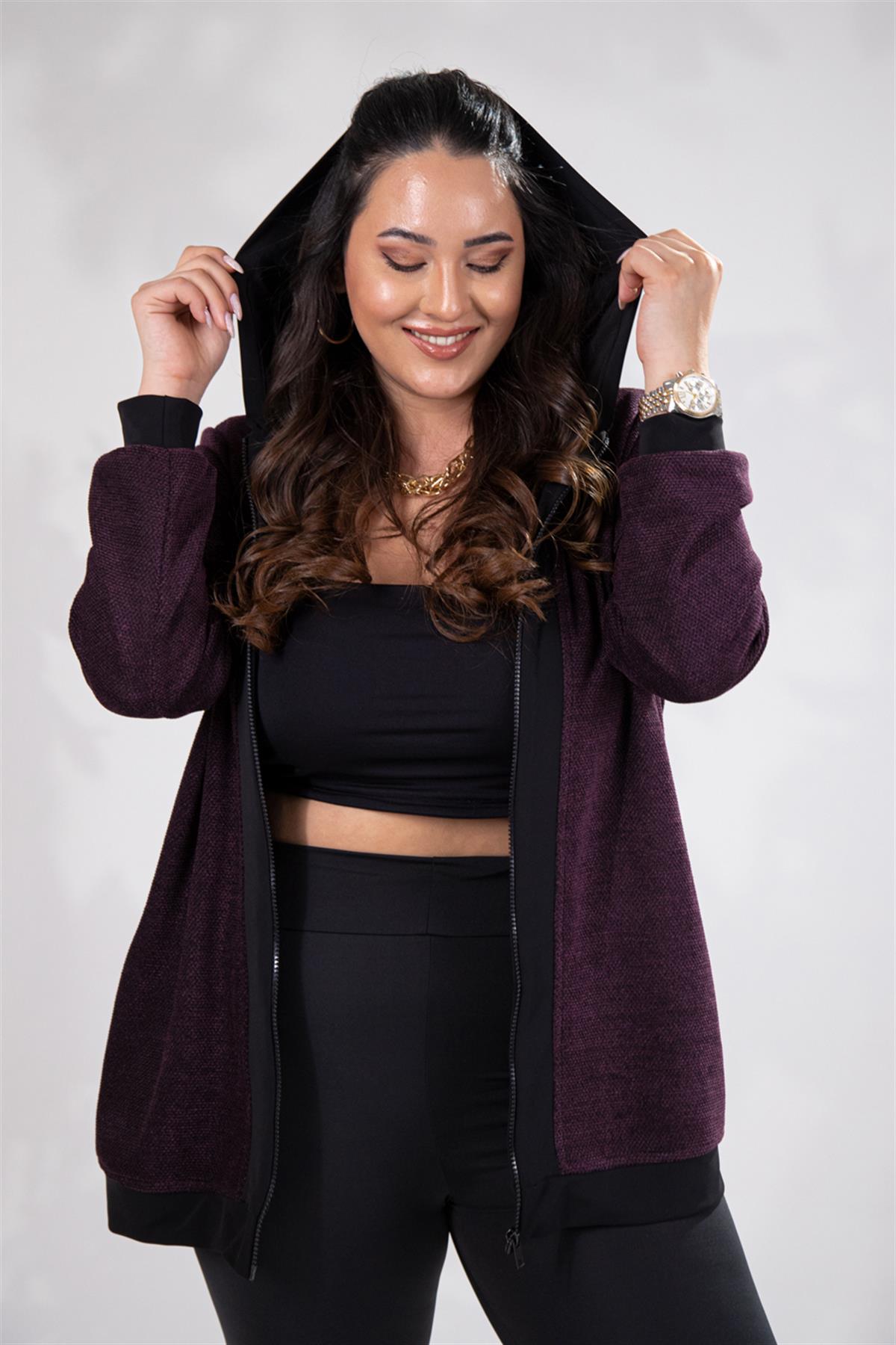 Büyük Beden 333115 Kapüşonlu Hırka Mor