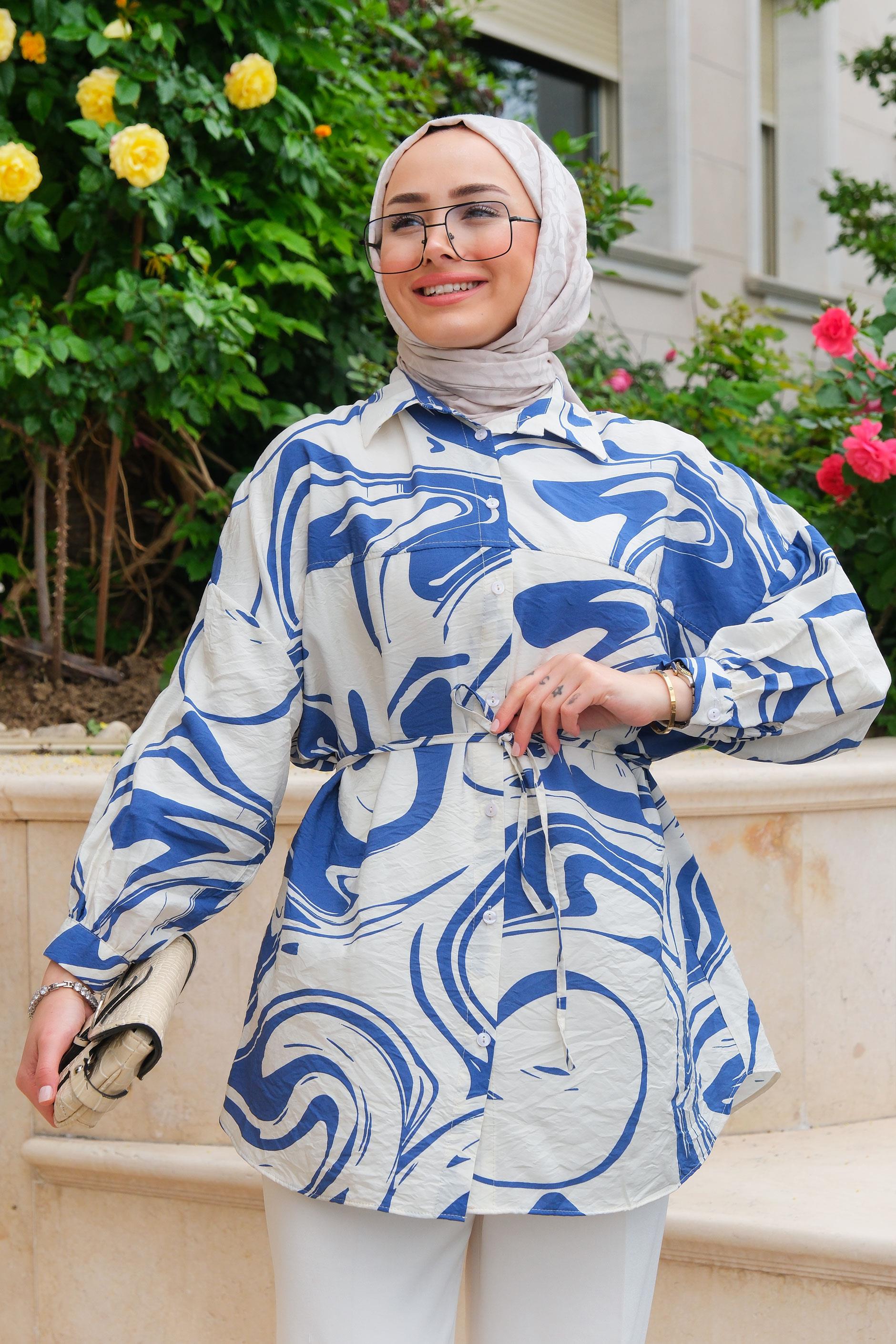 Dalga Desen Gömlek Mavi