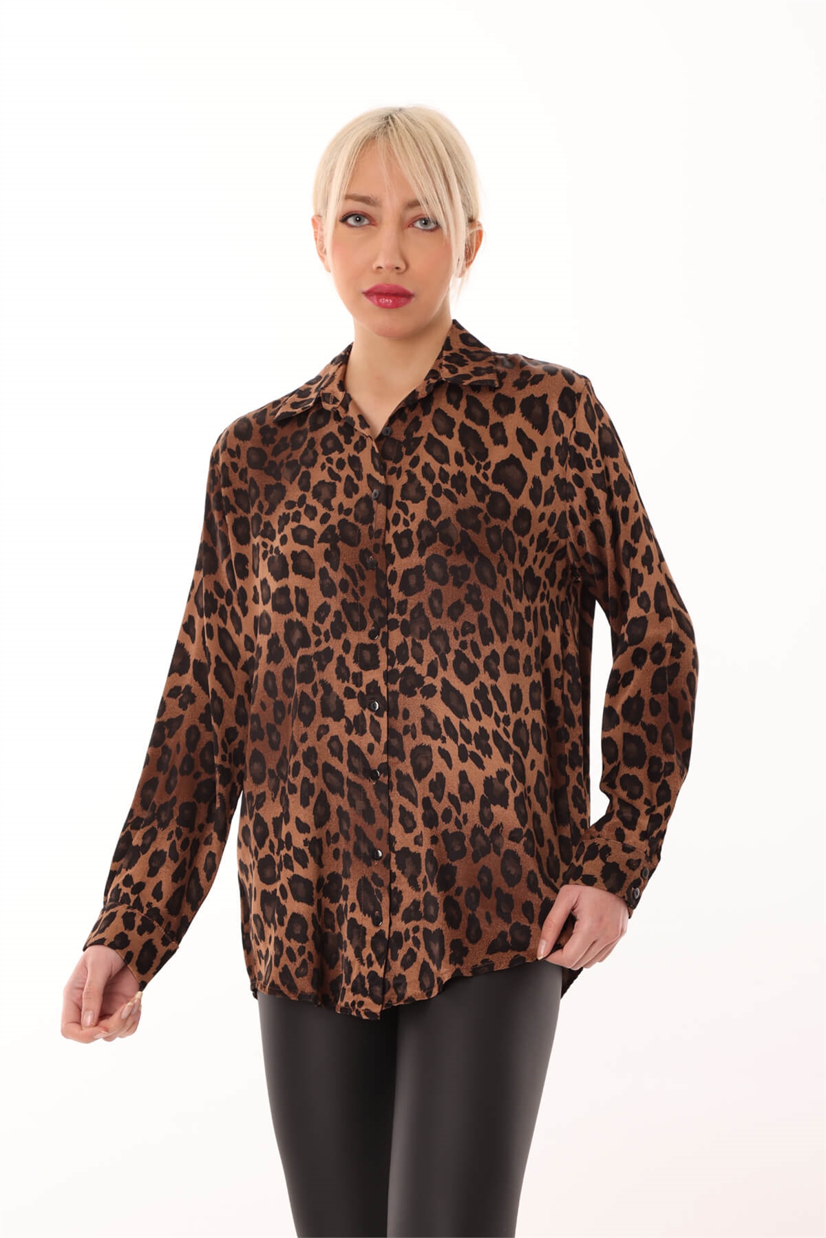 Leopar Desenli Saten Gömlek Kahve - CORAL