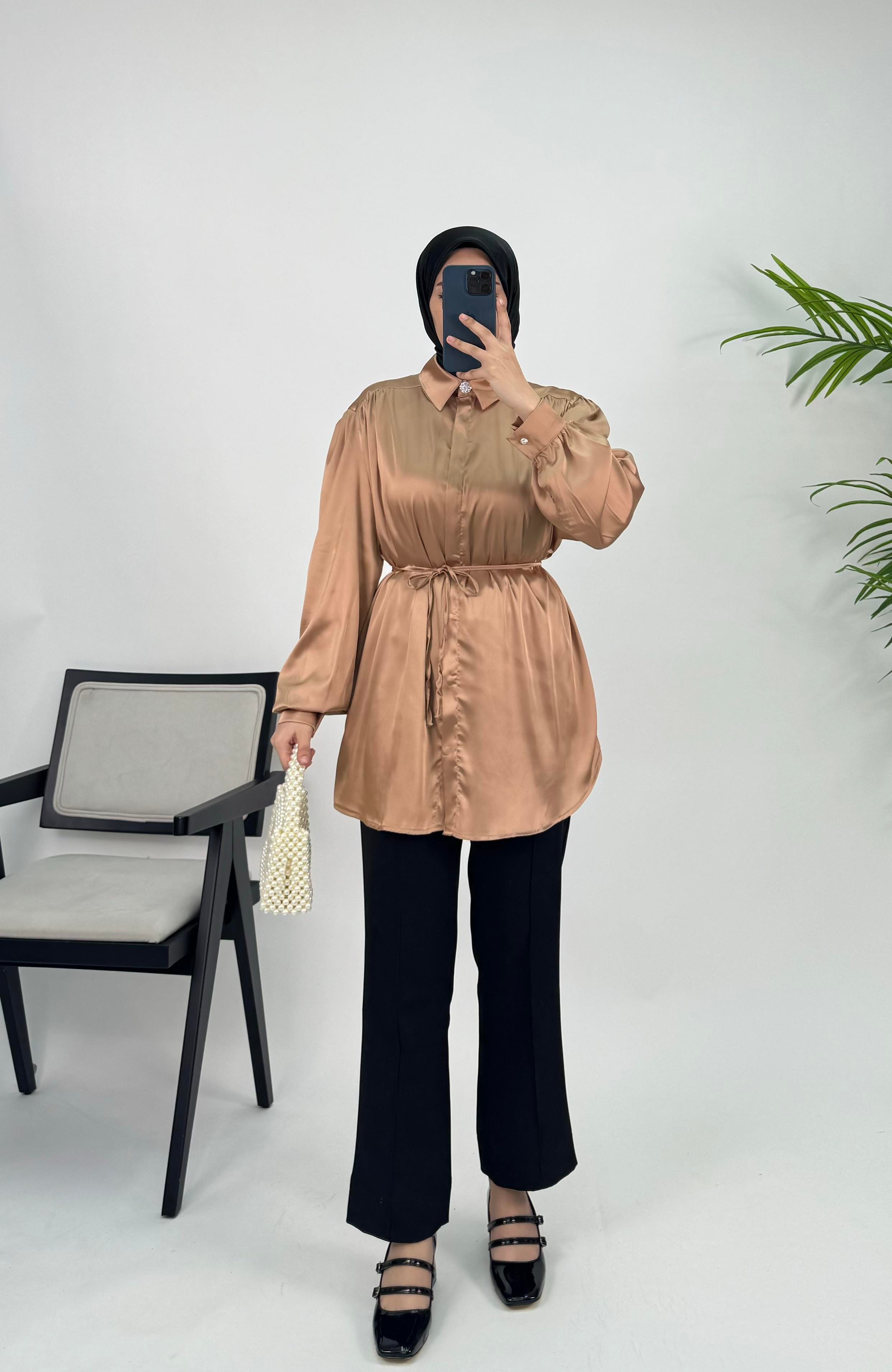 5552-saten kumaş-ip kemerli tunik-sütlü kahve