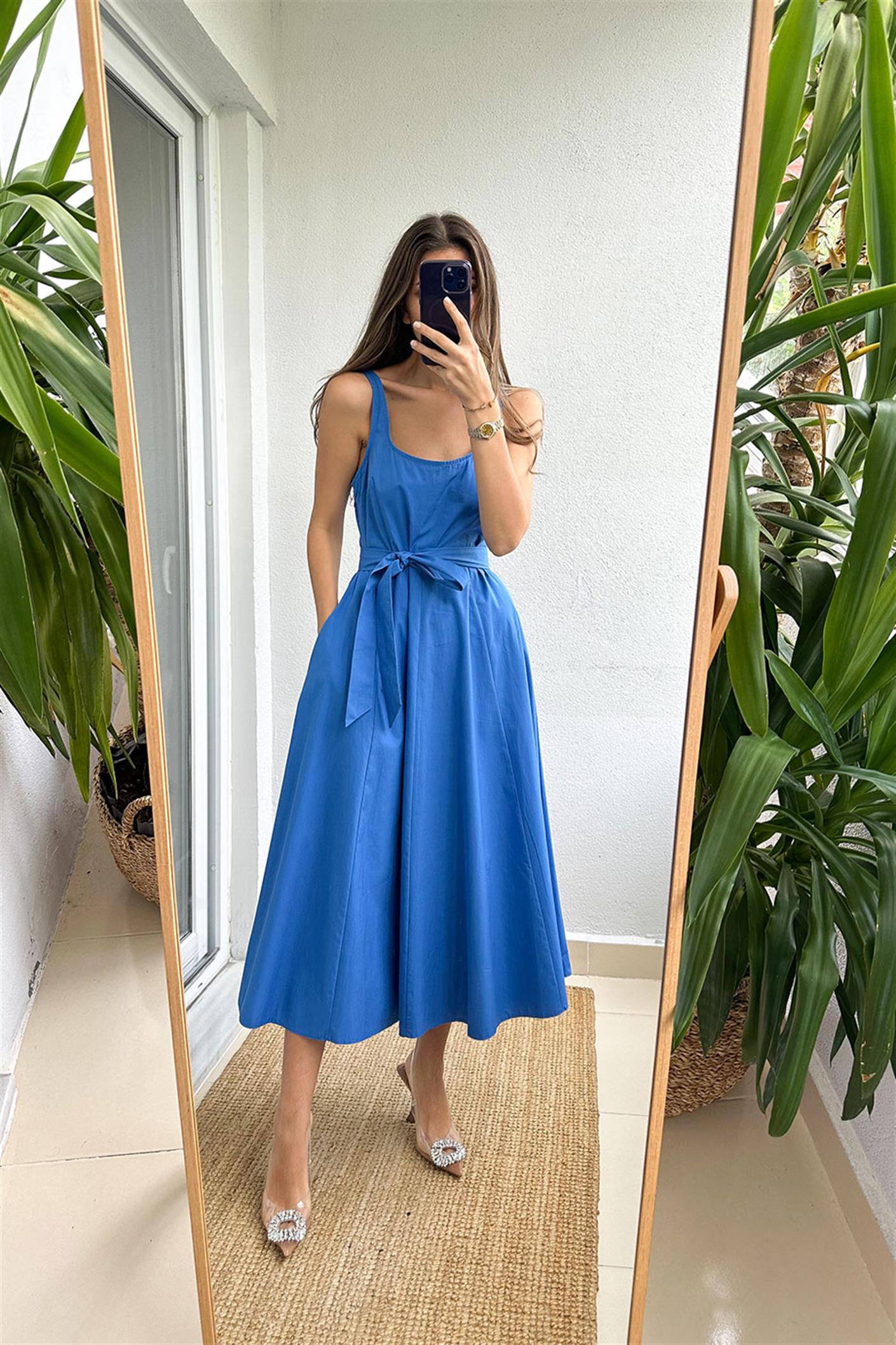 Juan Mavi Kuşaklı Midi Elbise