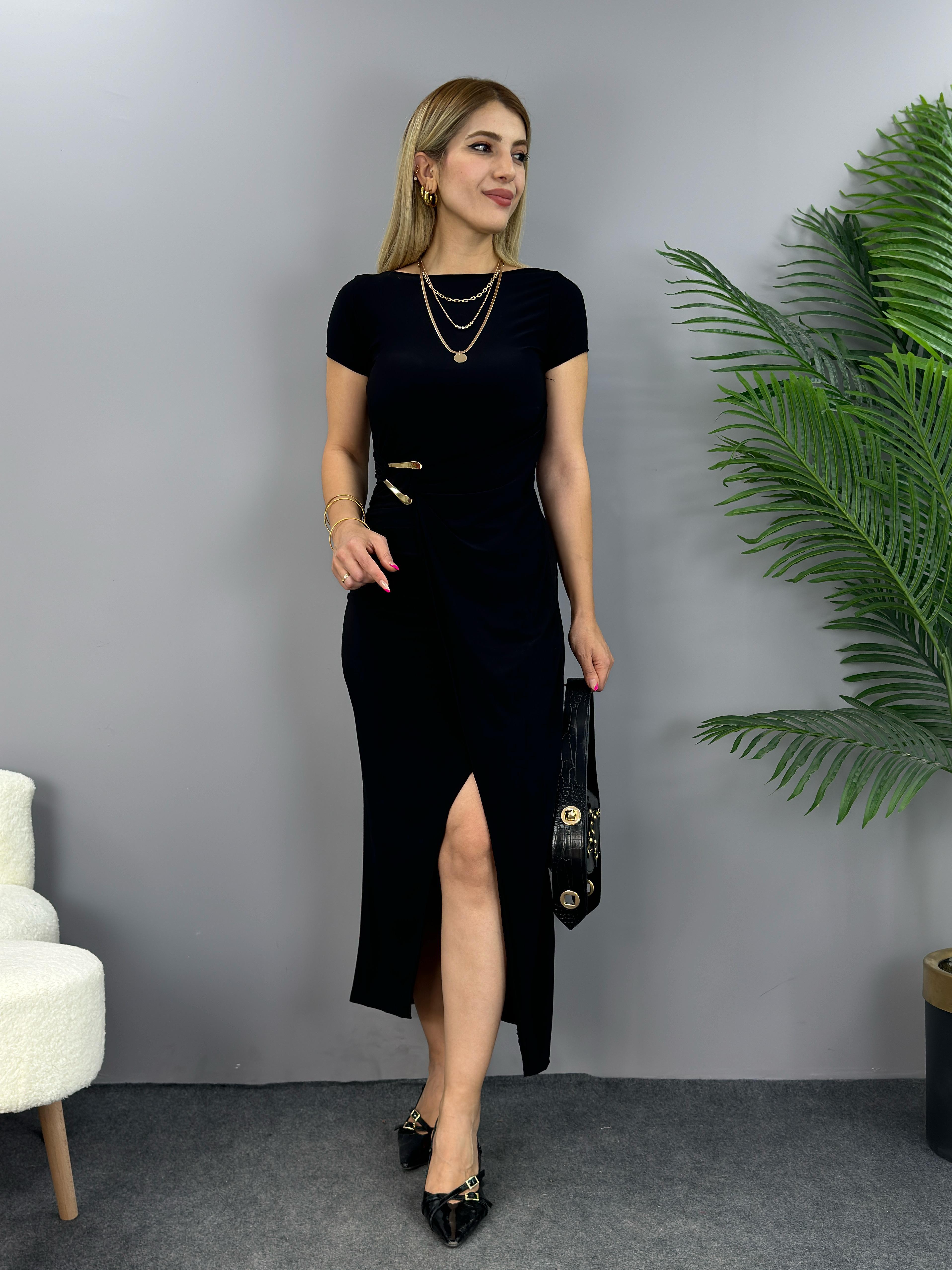 Suen Siyah Toka Detaylı Kruvaze Sandy Elbise