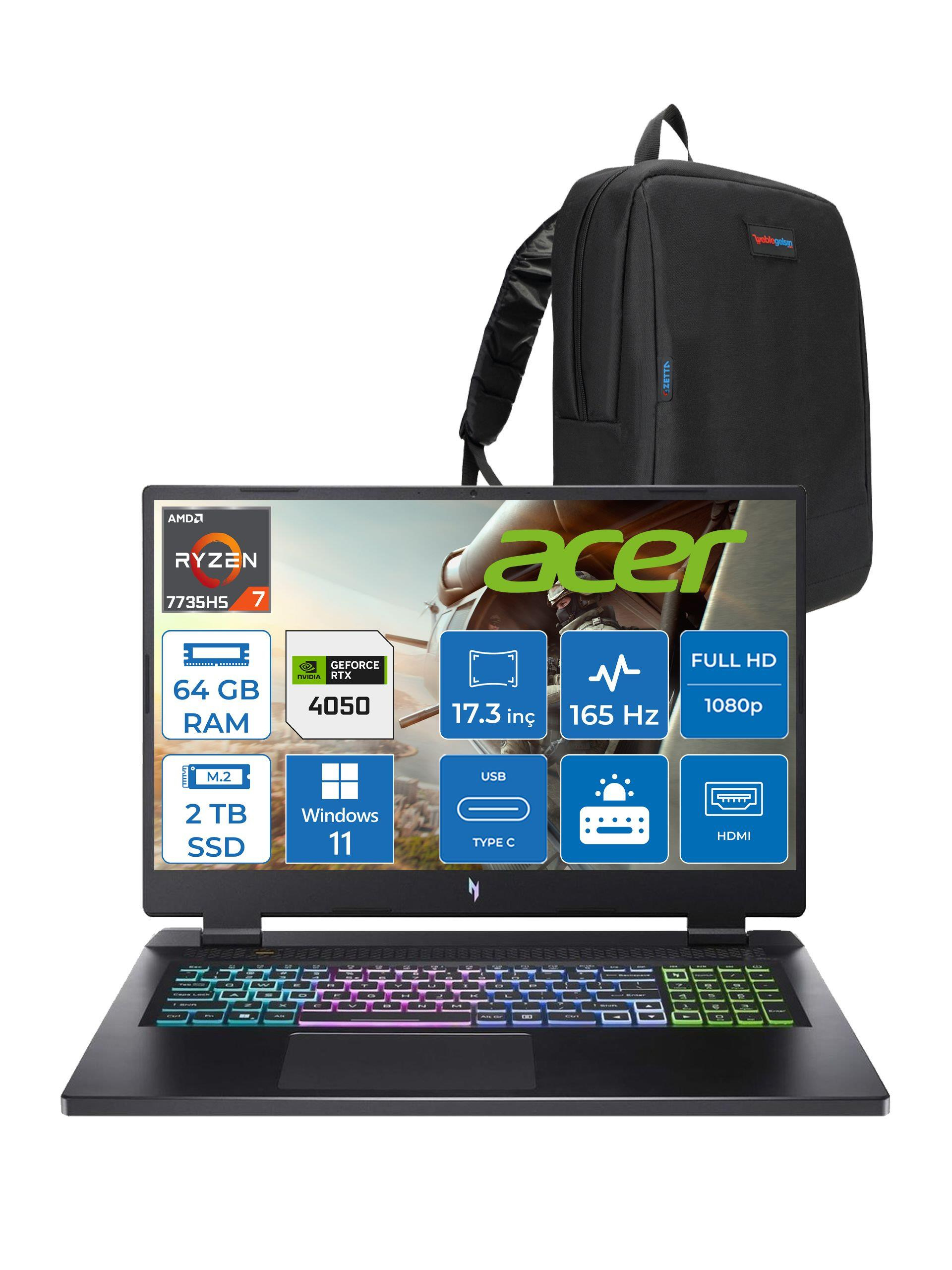 Acer Nitro 17 Amd Ryzen 7 7735HS 64GB DDR5 2TB SSD RTX4050 140W 6GB 17.3" Fhd IPS 165HZ Windows ...