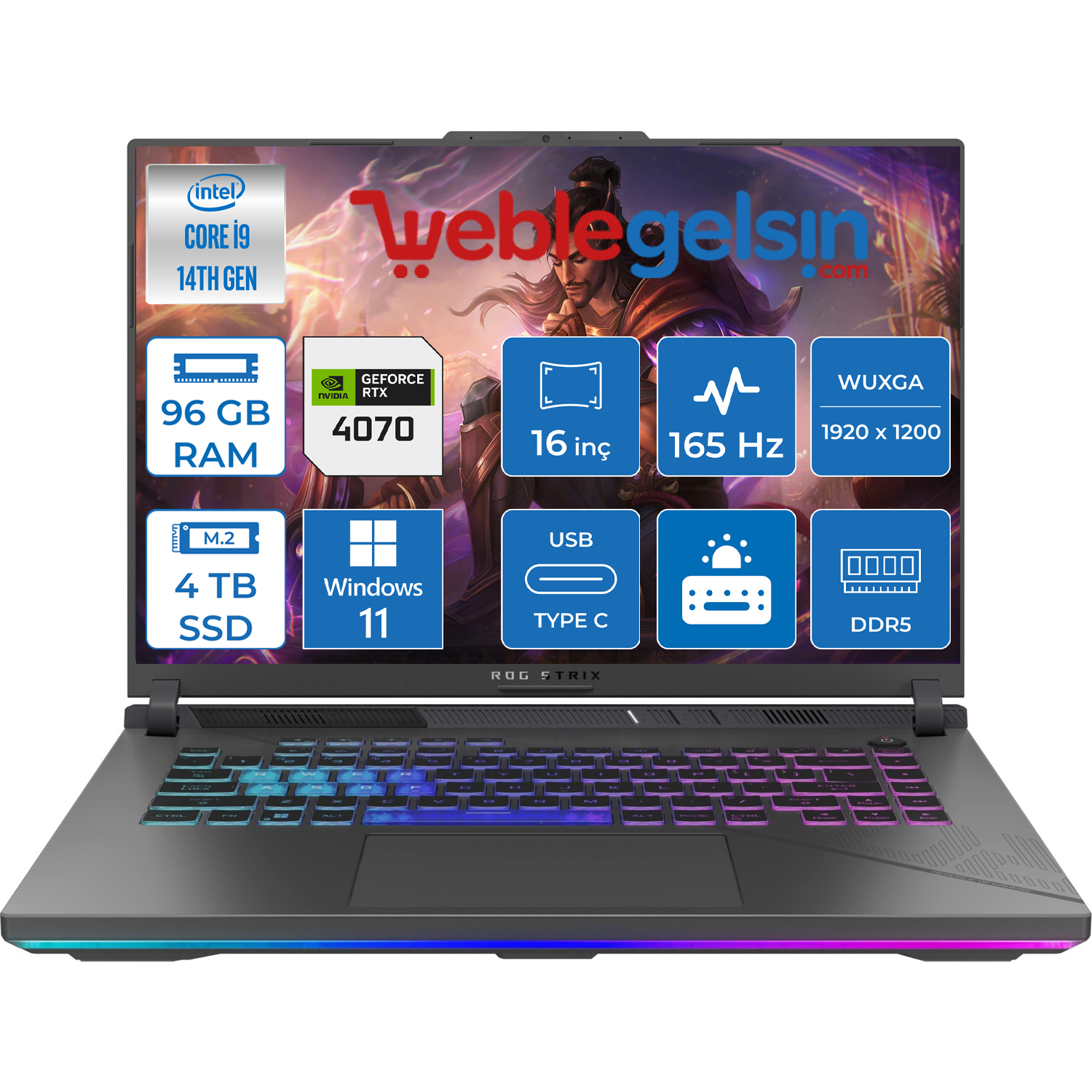 Asus Rog Strix G16 Intel Core i9 14900HX 96GB DDR5 Ram 4TB SSD RTX4070-140W 165Hz Windows 11 Pro ...