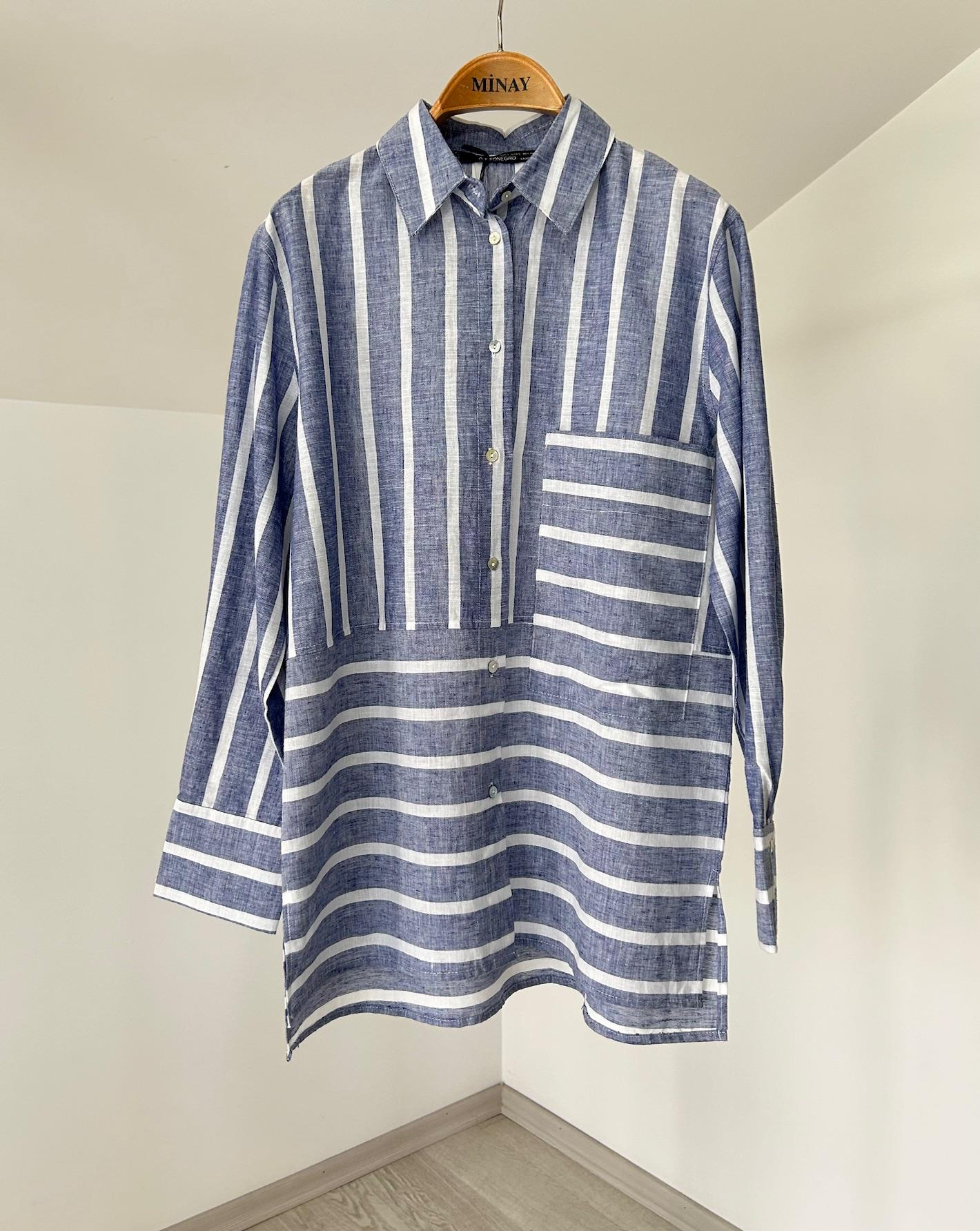 33343 Çizgili Pamuk Keten Gömlek-İndigo