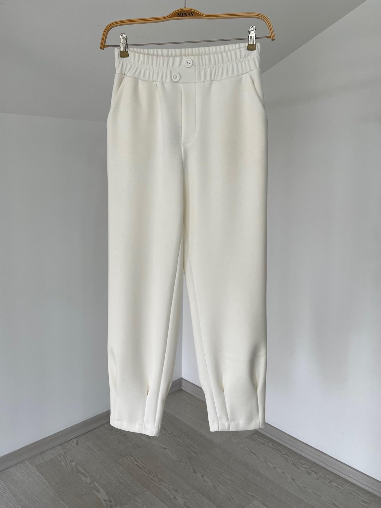 34162 Beli Lastikli Paçada Dikiş Detaylı Modal Pantolon-Ekru