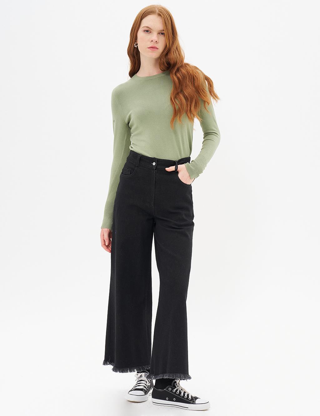 79038 Paçada Püskül Detaylı Bol Paça Jean Pantolon-Siyah