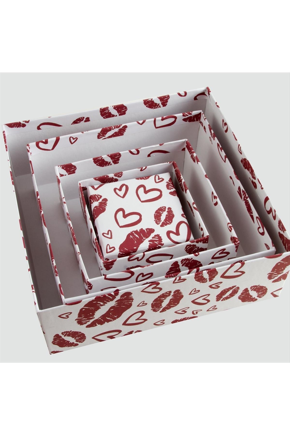 5 Adet Kalp Dudak Desenli Kare Hediye Kutusu