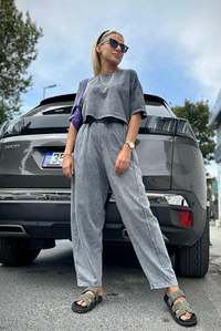 Antrasit Eskitmeli Şalvar Tshirt Takım