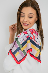 Kare Desenli Saten Fular - KIRMIZI