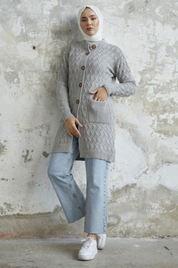 Mosya Cepli Düğmeli Triko Hırka - Gri
