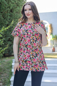 Elsin Çiçek Desen Kısa Kol Tunik 956 - Siyah