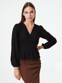 V Kruvaze Yaka Ince Crep Beli Lastik Bluz - Ambar