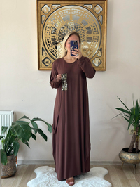 324 Pul Detaylı Salaş Model Tasarım Kahve Elbise