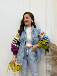 Buz Mavisi Renkli Triko Kol Detaylı Kot Ceket 94132 | Şenay'ın Butiği