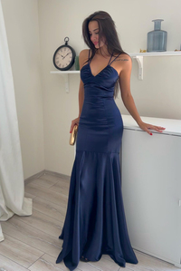 SATAEN MAXİ LACİVERT ELBİSE