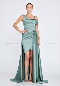HOT CONTACT Sleeveless High-Low Satin Column Regular Green Prom Dress ...