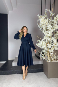 G1139 Kruvaze Yaka Kol Detaylı Elbise Lacivert